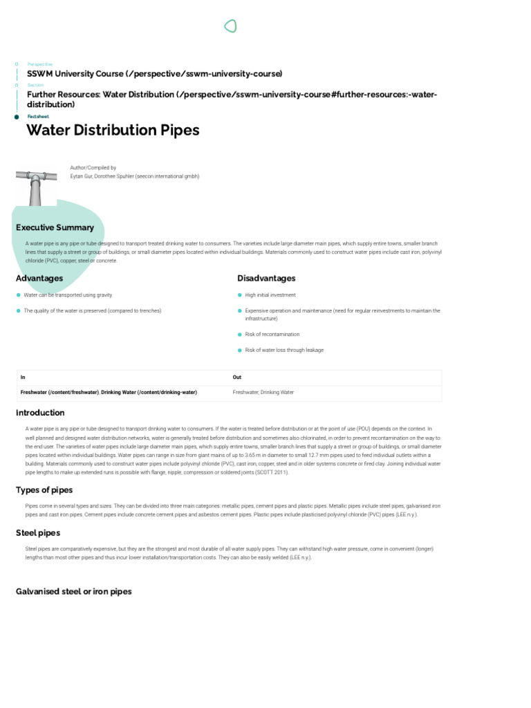 Water Distribution Pipes - SSWM - Find Tools For Sustainable Sanitation ...