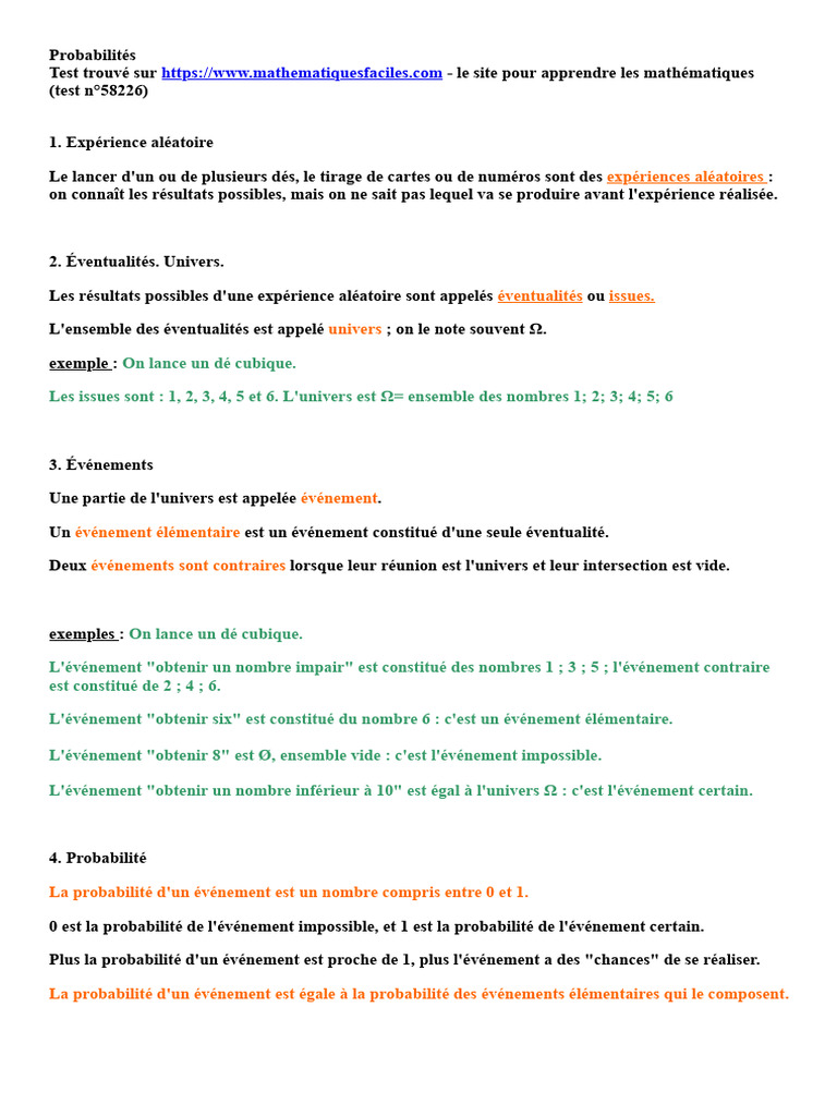 Introduction aux probabilités | PDF | Probabilité | Dé