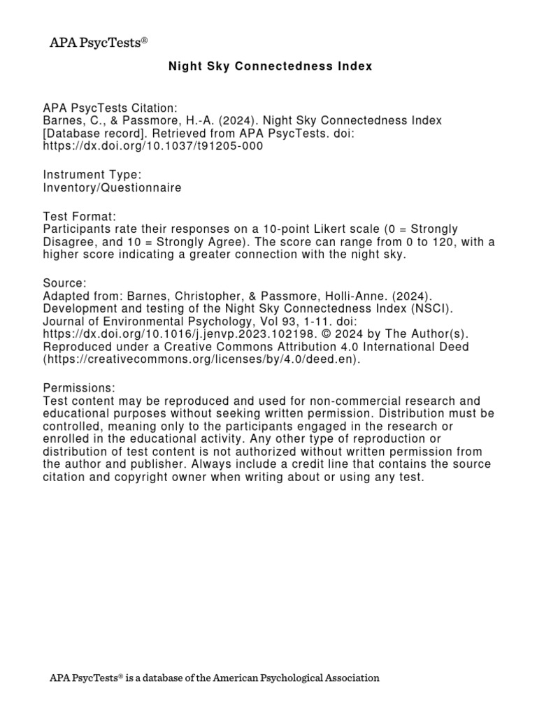 Night Sky Connectedness Index | PDF | Psychology | Behavioural Sciences