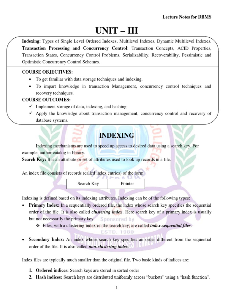 Dbms Unit III Notes 2022-23 | PDF | Database Index | Database Transaction