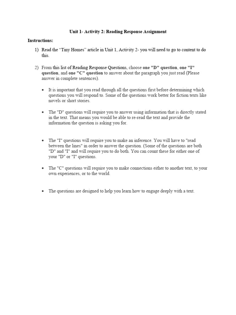 Tiny Homes Reading Response Guide Pdf Question Experience