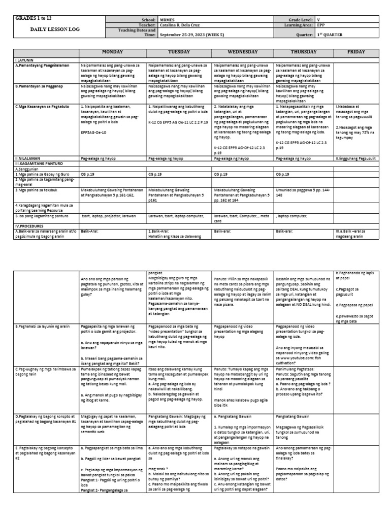 Epp, Esp, Science 5 q1 Week 5 Day 1 (2023) | PDF