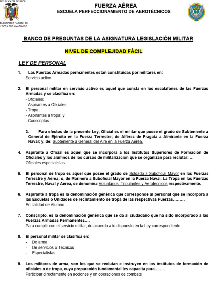 Banco de Preguntas Legisacion Militar | PDF | Oficial (Fuerzas Armadas) | Oficial general