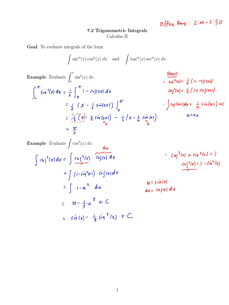 7.2 Trigonometric Integrals - Completed Notes | PDF | Trigonometric ...