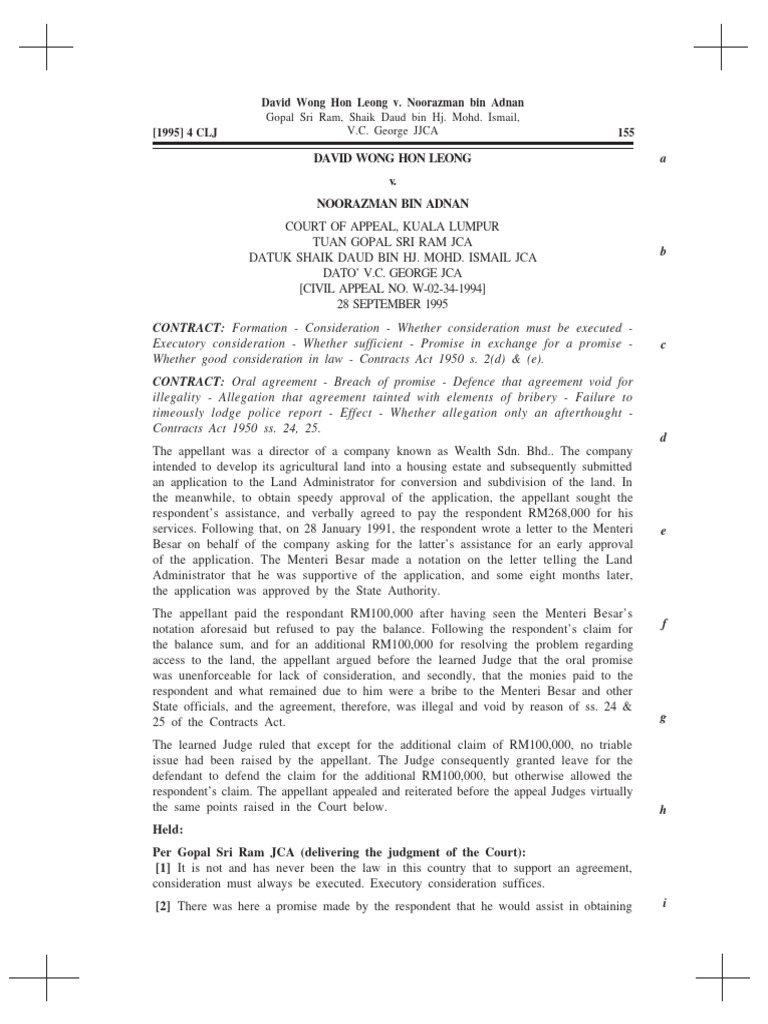 CLJ - 1995 - 4 - 155 - David Wong Hon | PDF | Judgment (Law) | Consideration