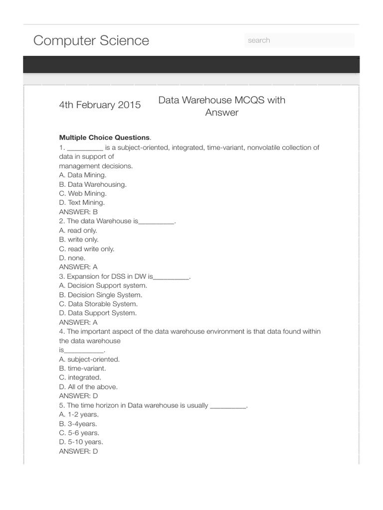 Computer Science - Data Warehouse MCQS With Answer | PDF | Data Warehouse | Metadata