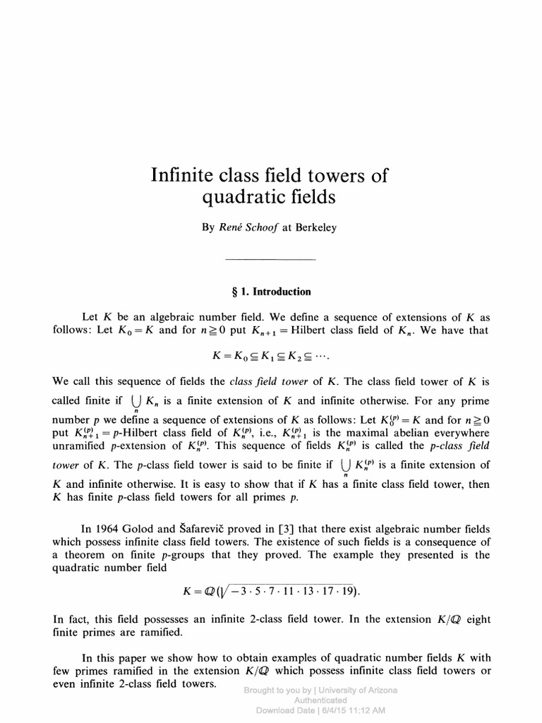 Infinite Class Field Towers of Quadratic Fields 1986 | Download Free PDF | Field (Mathematics ...