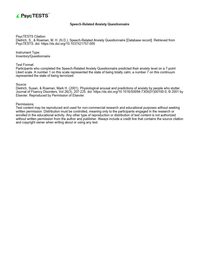 Speech-Related Anxiety Questionnaire | PDF | Anxiety | Psychology