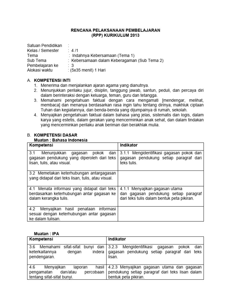RPP Kelas 4 Tema 1 Subtema 2 PB 3 | PDF | Karier & Perkembangan