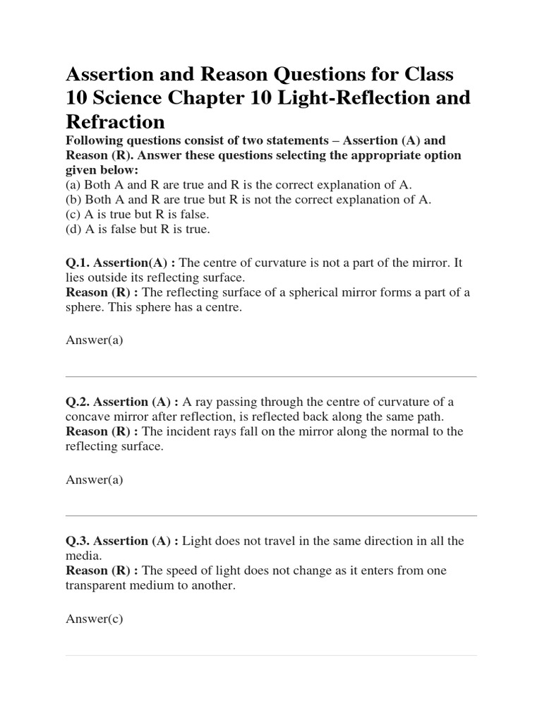 Assertion and Reason Questions For Class 10 Science Chapter 10 Light | PDF | Mirror | Physical ...