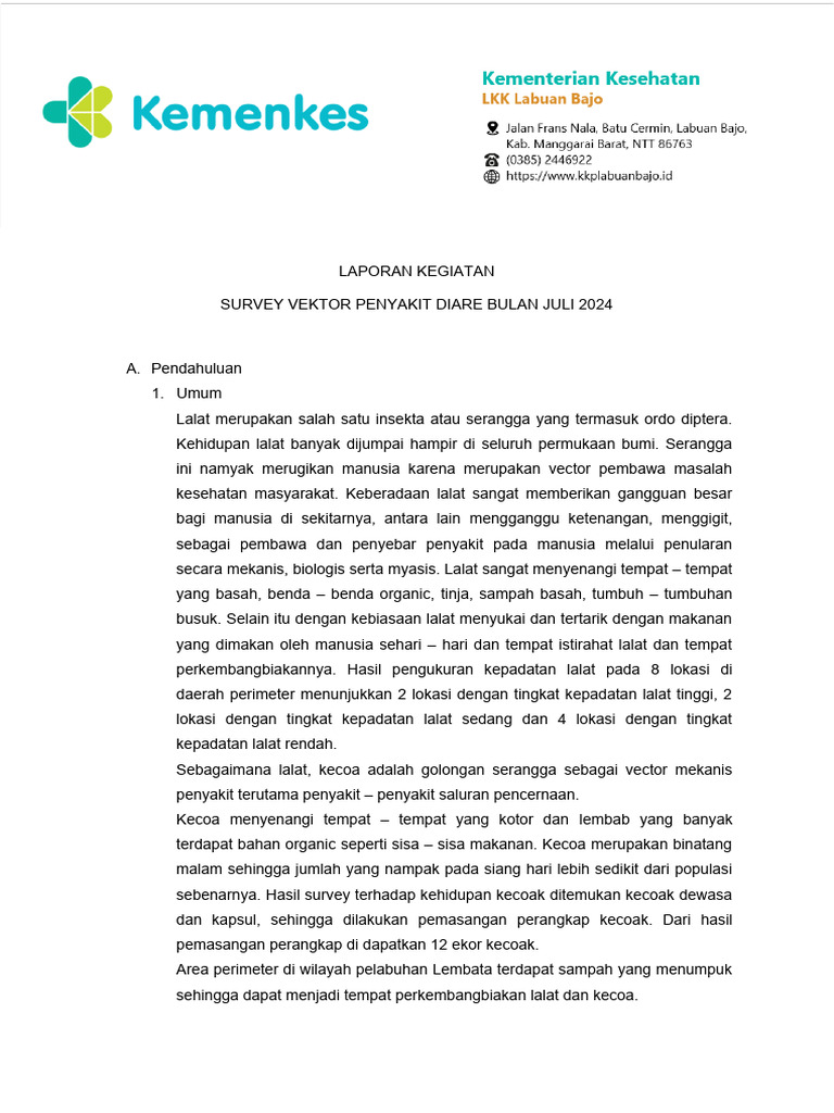 Laporan Kegiatan Survey Vektor Penyakit Diare Juli 2024 | PDF