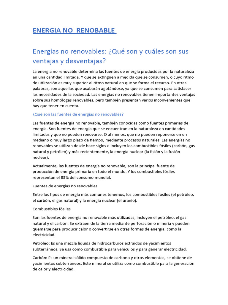 Energía No Renovable: Definición y Tipos | PDF | Energía renovable ...