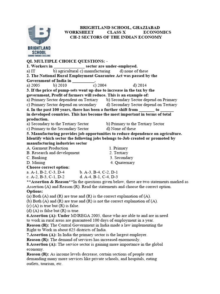 Worksheet of Classx Economics Sectors - of - The - Economy | PDF ...