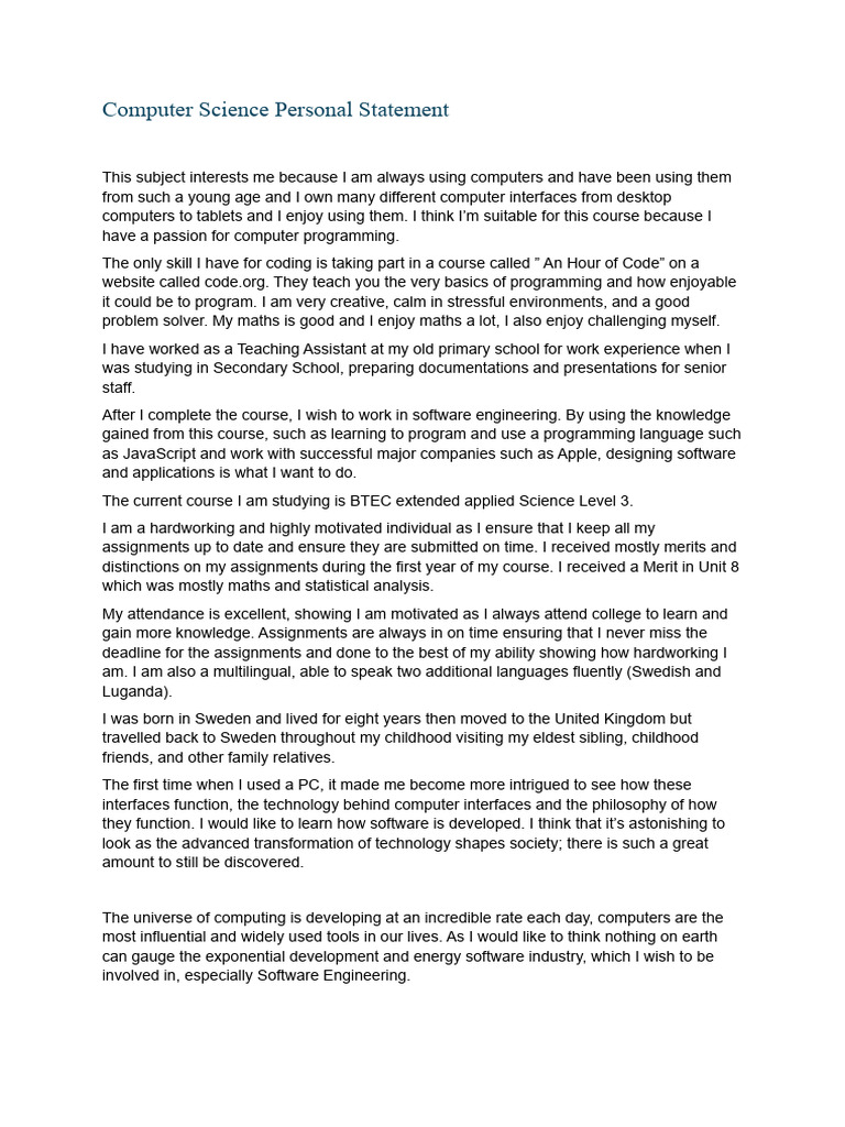 Example 3 - Personal Statement | PDF | Software | Computer Programming