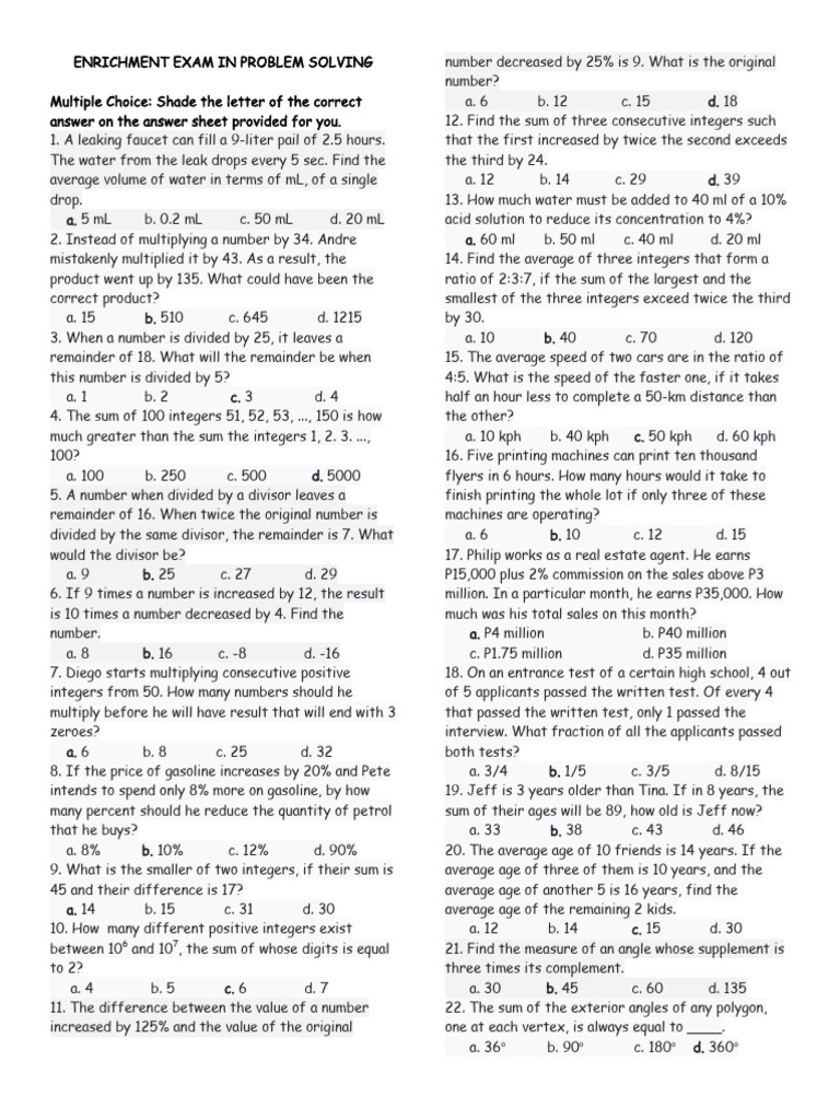 ENRICHMENT EXAM IN PROBLEM SOLVING part 4 | Download Free PDF ... ENRICHMENT EXAM IN PROBLEM SOLVING part 4 | Download Free PDF ...