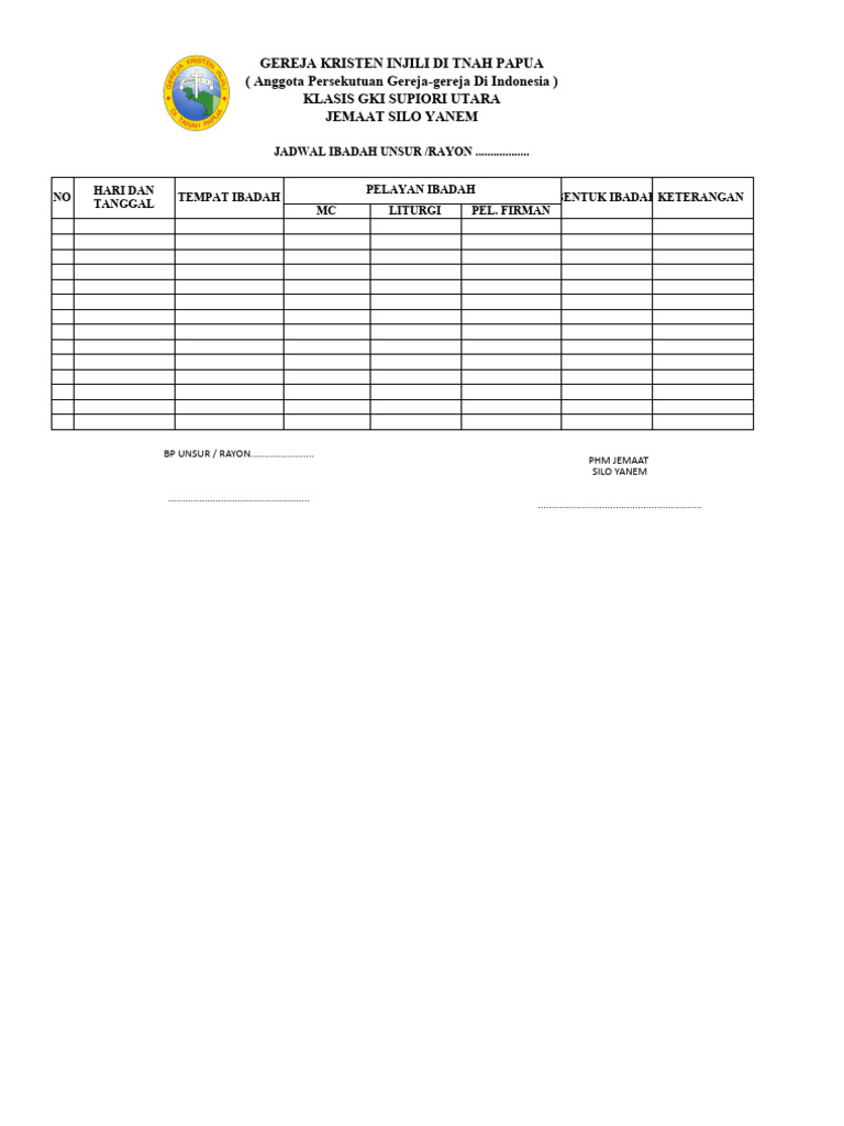 Jadwal Ibadah Jemaat Silo Yanem | PDF