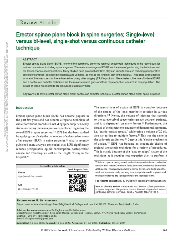 Erector Spinae Plane Block in Spine Surgeries .17 | PDF | Surgery ...