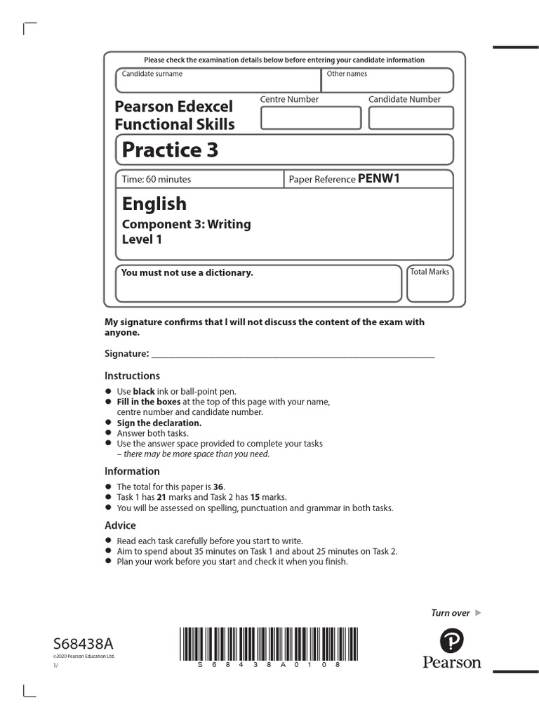 Edexcel FS Level 1 English Writing Practice Paper 3 | PDF