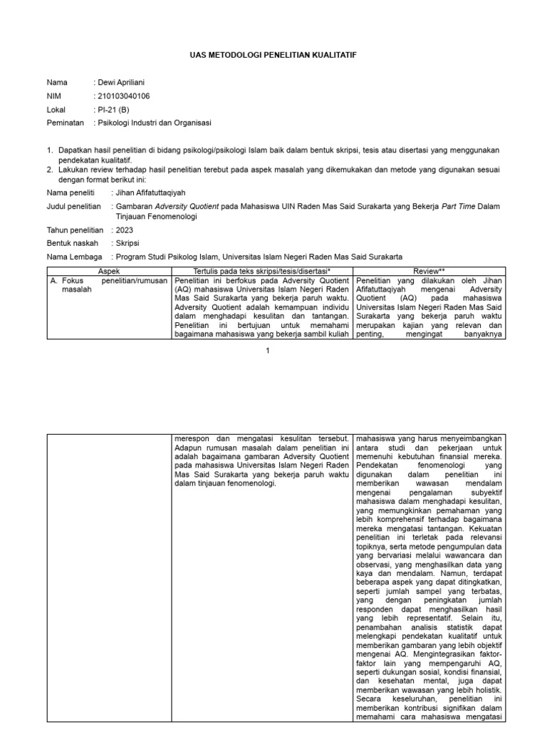 UAS - METODOLOGI - PENELITIAN - KUALITATIF - Dewi Apriliani | PDF | Pengembangan Diri