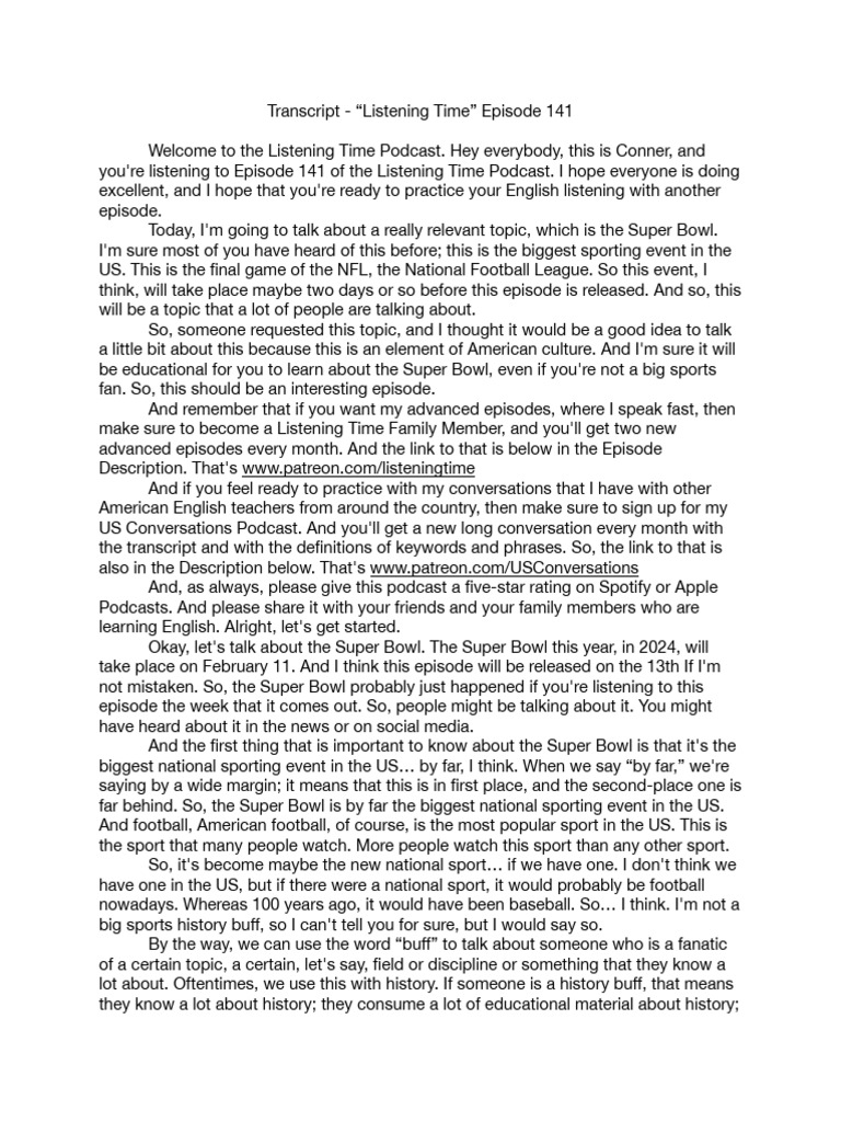 Episode 141 Transcript - Listening Time | PDF | National Football ...