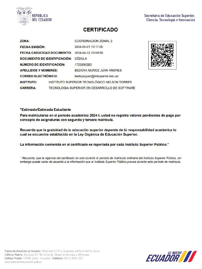 Certificado Siau Bedoya Juan | PDF
