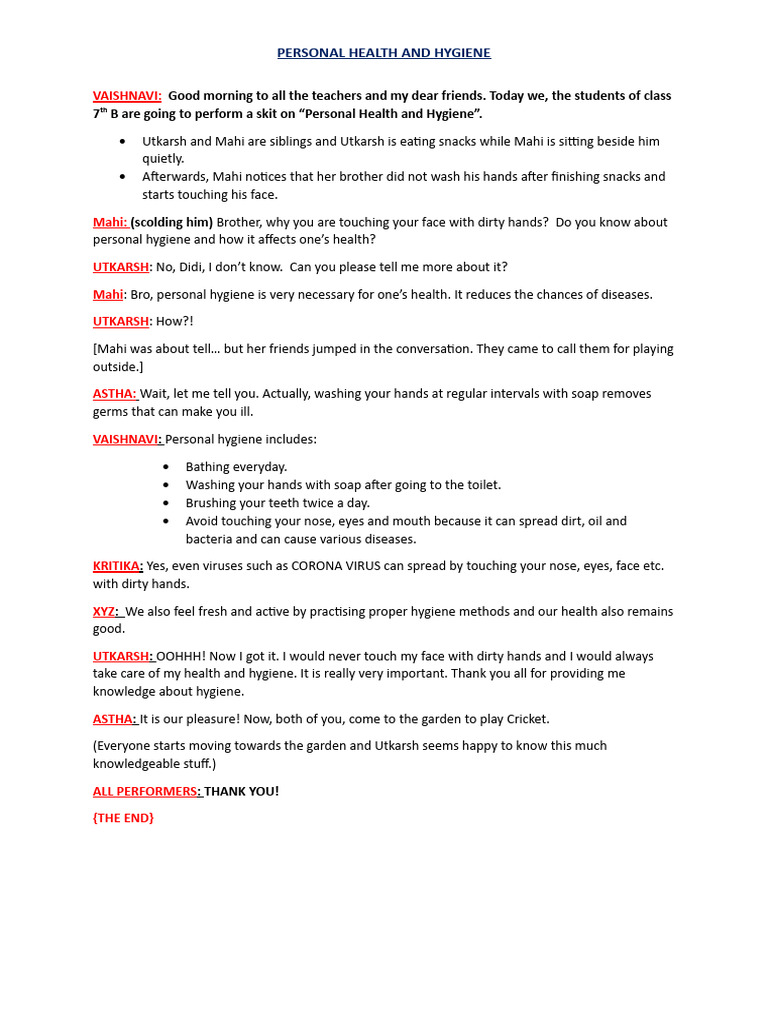 Personal Health and Hygiene Play (Script) | PDF | Wellness