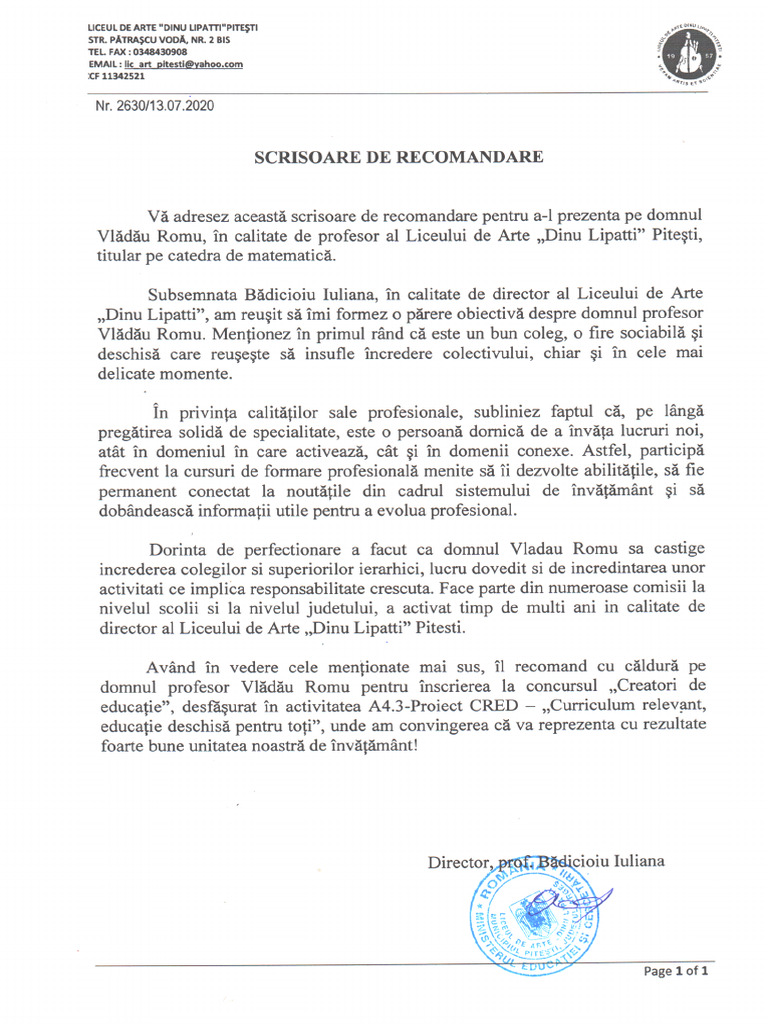 Scrisoare de Recomandare - Proiect - Vali Andr | PDF