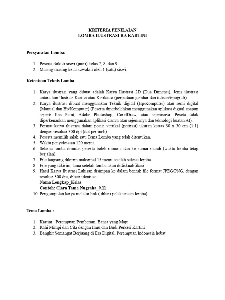 Juknis Kriteria Penilaian Lomba RA Kartini 2024 | PDF