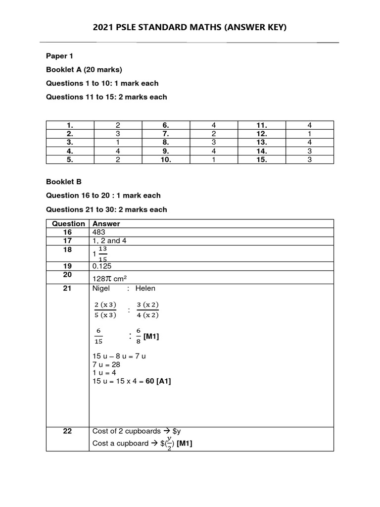 2021 PSLE Maths Answer Key | PDF | Elementary Geometry
