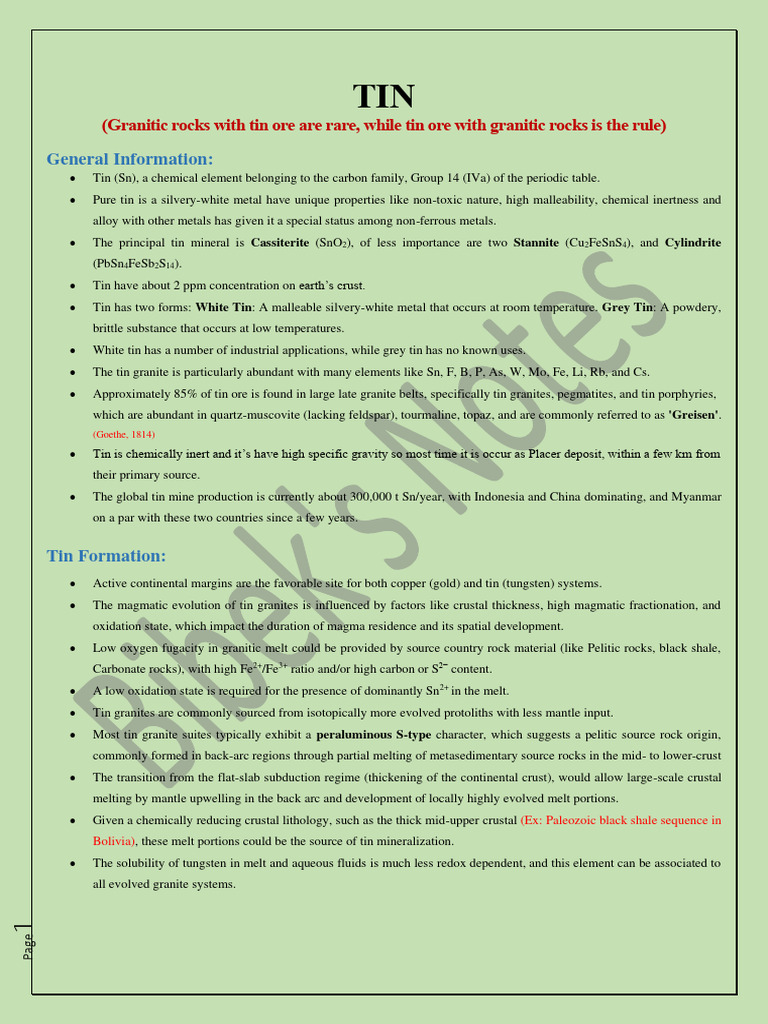 A Brief Notes On Tin (SN) | PDF | Magma | Tin