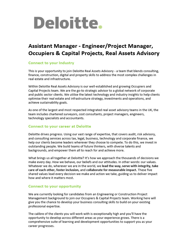 Assistant Manager - Engineer Project Manager, Occupiers Capital ...