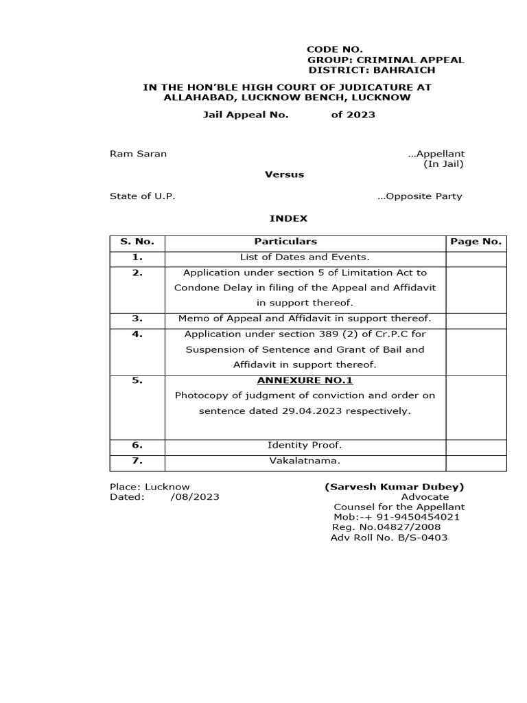 Ram Saran Jail Appeal | PDF | Appeal | Bail