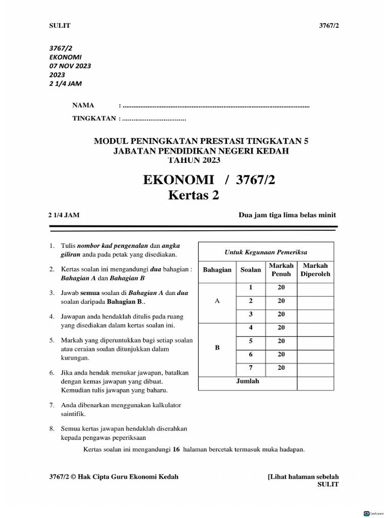 Ekonomi K2 Trial Kedah 2023 SPM | PDF