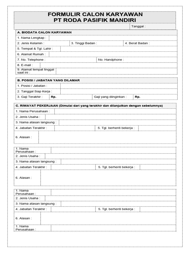 Form Calon Karyawan Pt. Roda Pasifik Mandiri | PDF
