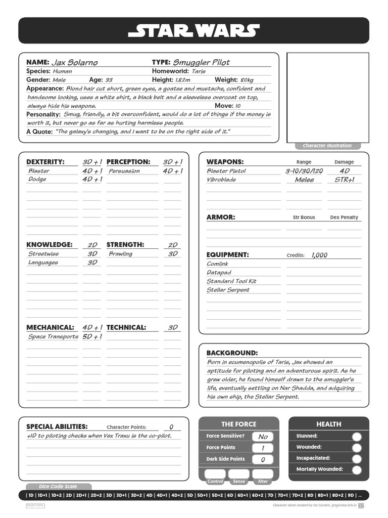 Jax Solarno: Smuggler Pilot Character Sheet | PDF