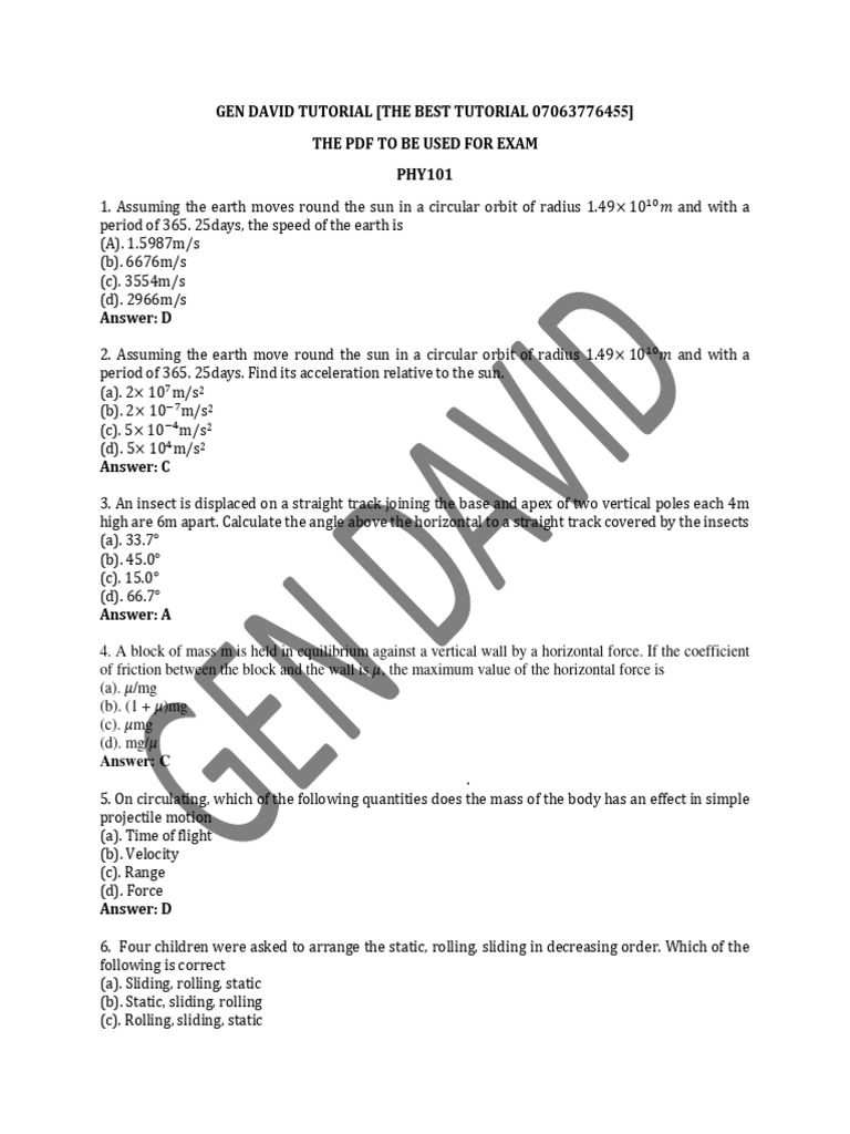 Excel Phy101 Gen David PDF | PDF | Force | Acceleration