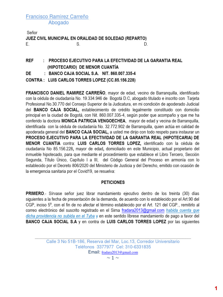 Dda Hipotecaria Bcocajasocial Vs Luiscarlos Torreslopez 408folios | PDF | Hipotecas | Bancos