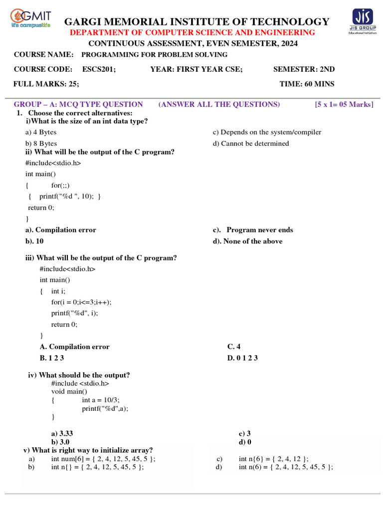 Programming For Problem Solving | PDF | Computer Programming | Computer ...