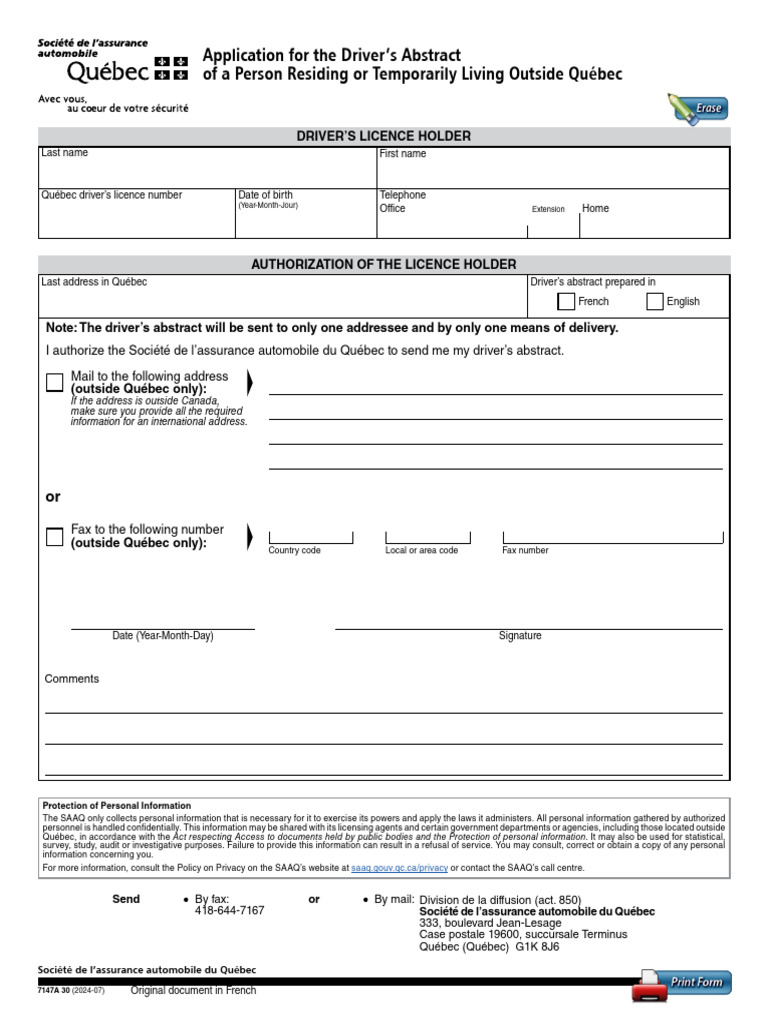 Driver Outside Quebec Form | PDF | Quebec | Mail