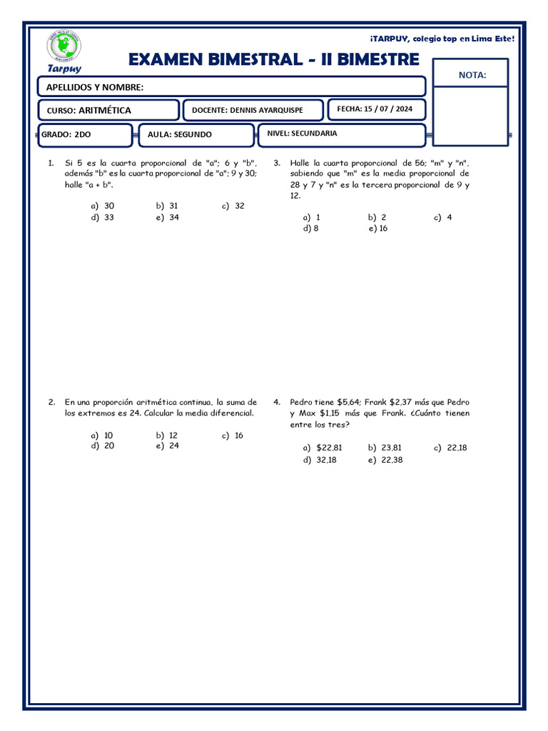 Examen Bimestral Segundo Sec Tarpuy | PDF | Ajedrez