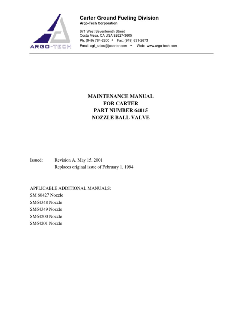 Carter 64015 Nozzle Ball Valve Manual | PDF | Valve | Aerial Refueling