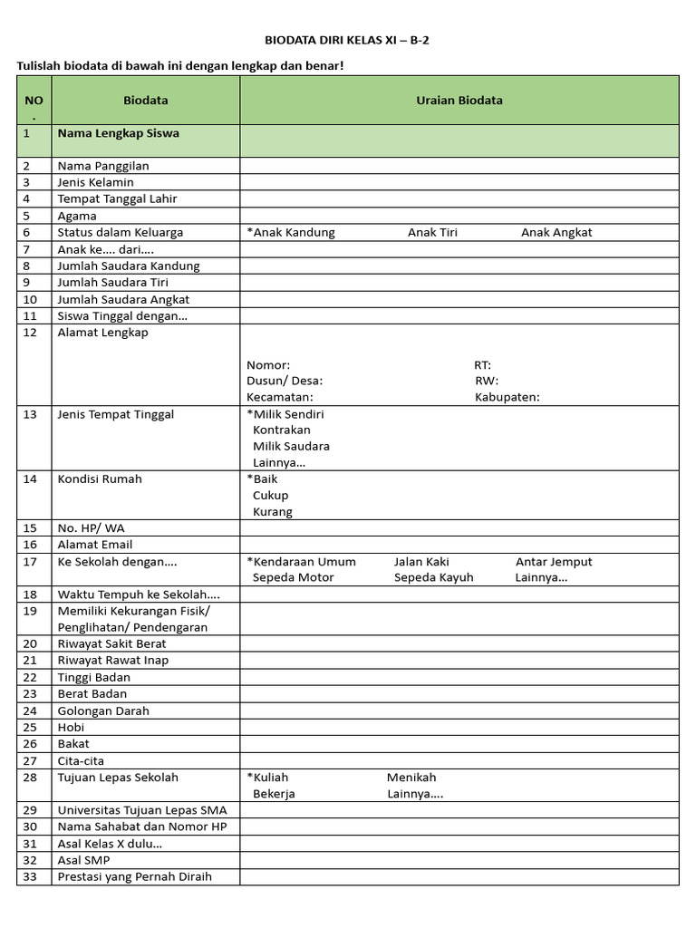 Form Biodata Diri X - 1 | PDF