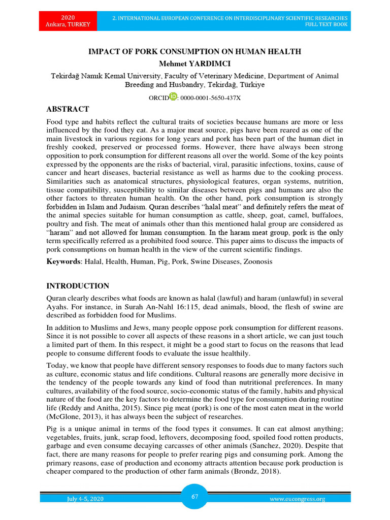 Impact of Pork Consumption On Human Health Mehmet YARDIMCI: Orcid: 0000 ...