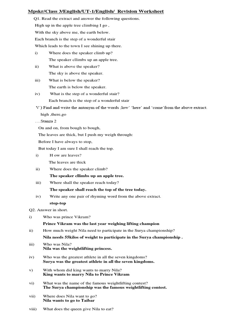 Class 3 Worksheet With Answers | PDF | Grammatical Gender | Linguistic ...