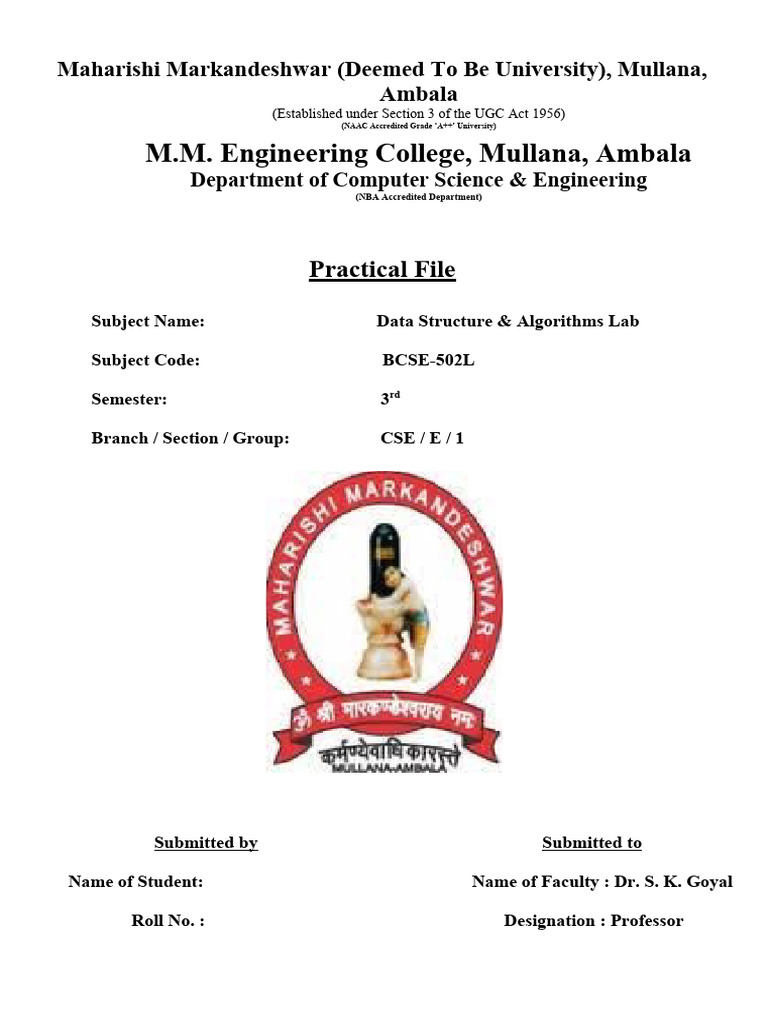 Cover Page For Data Structure & Algorithms Lab (3E1) | PDF Cover Page For Data Structure & Algorithms Lab (3E1) | PDF