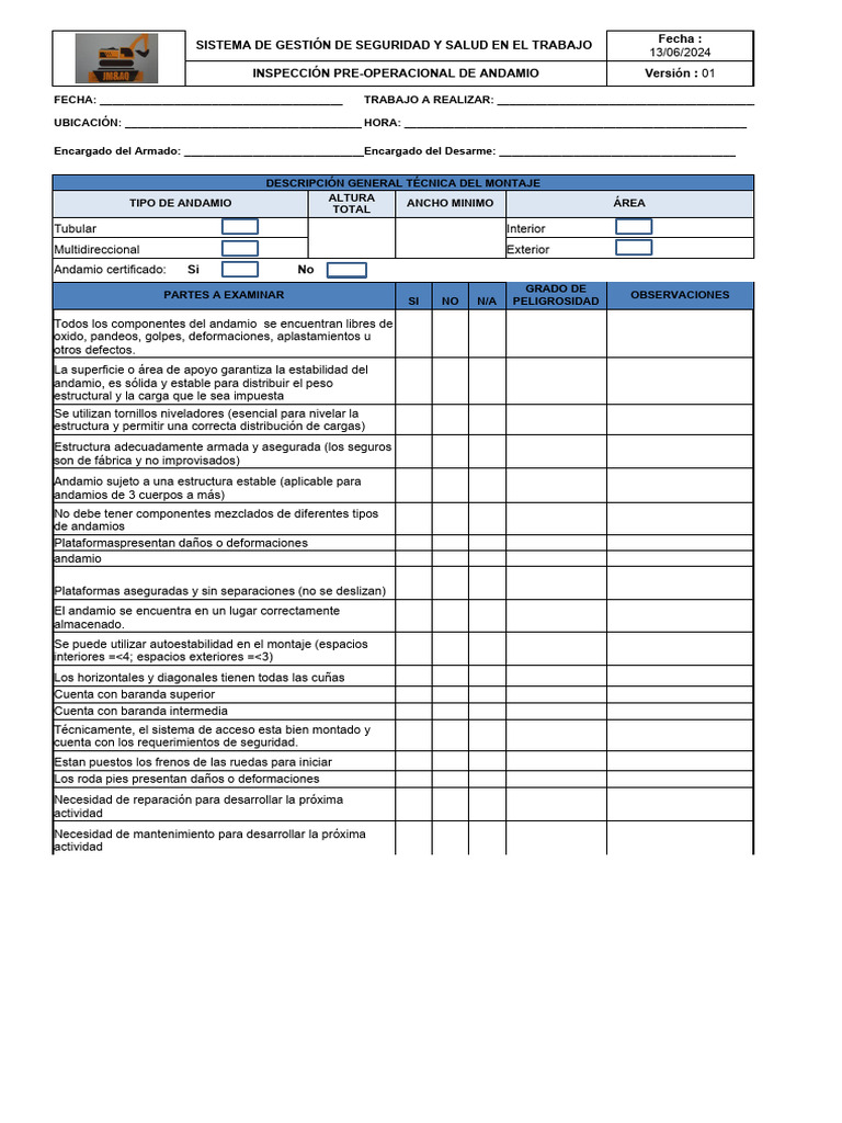 PRE-OPERACIONAL DE ANDAMIO | PDF | Andamio PRE-OPERACIONAL DE ANDAMIO | PDF | Andamio