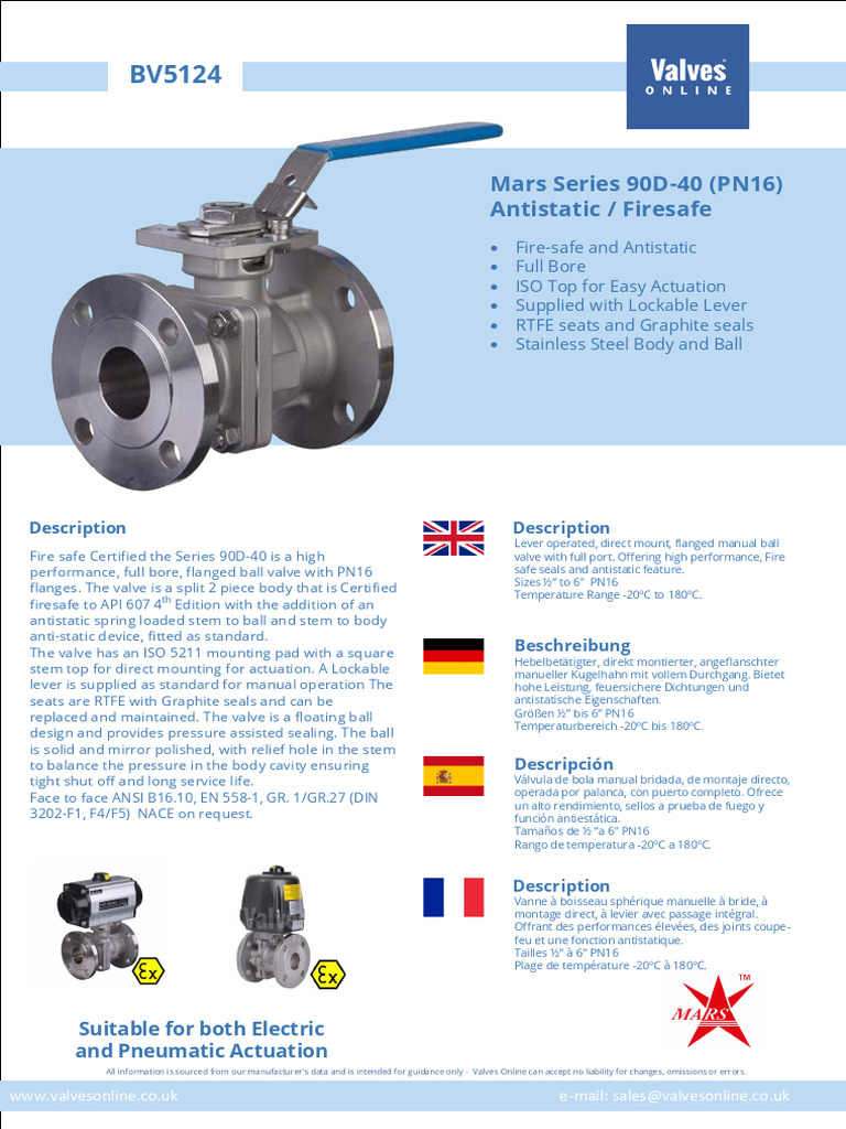 Mars Ball Valve Series 90d Fire Safe Anti Static Flanged pn16 | PDF | Valve