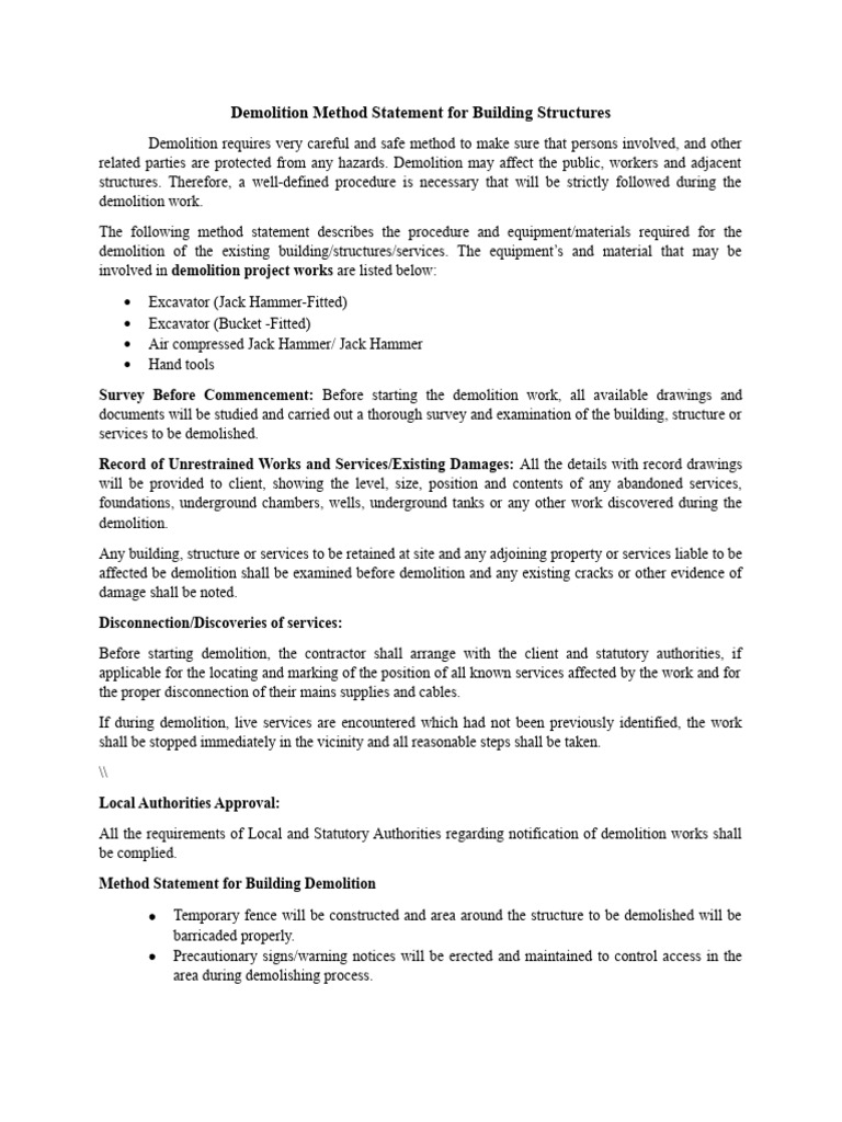 Demolition Method Statement For Building Structures or Services | PDF ...
