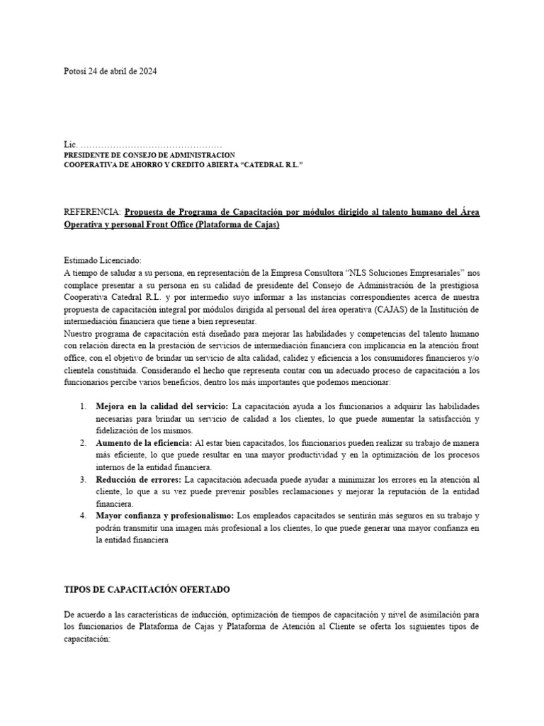 CARTA DE OFERTA DE SERVICIOS DE CAPACITACION (AREA DE CAJAS) | PDF ... CARTA DE OFERTA DE SERVICIOS DE CAPACITACION (AREA DE CAJAS) | PDF ...