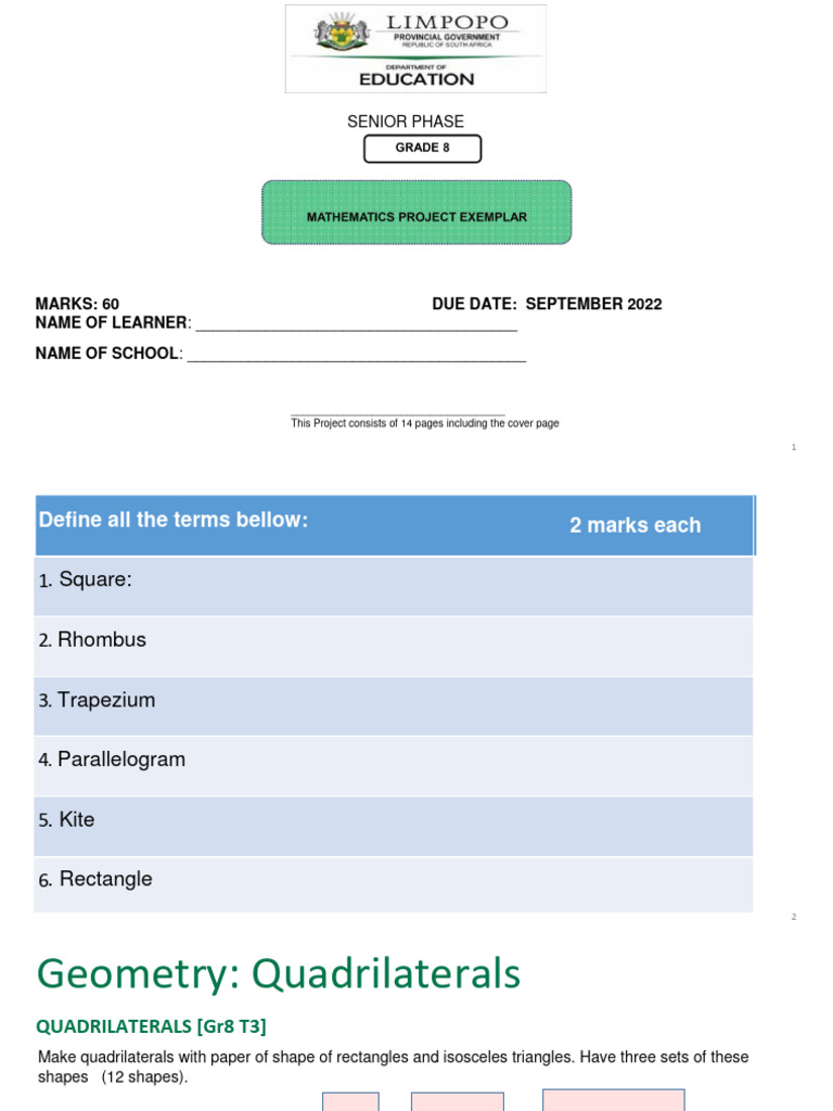 Grade 8 Mathematics Project Exemplar On 2D Shapes | PDF | Rectangle | Euclidean Geometry
